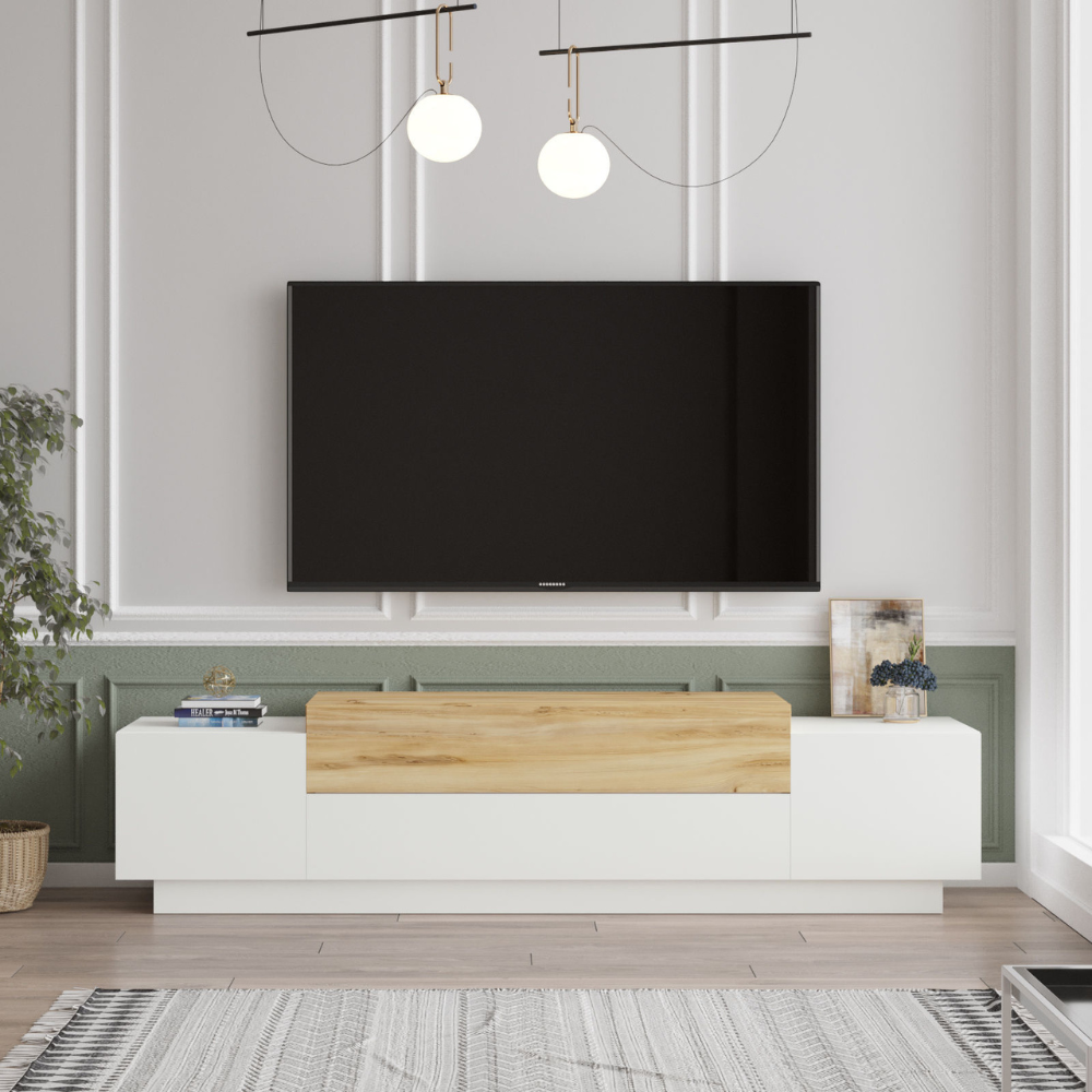 Meuble TV blanc et bois 160cm Melo – Concept Usine
