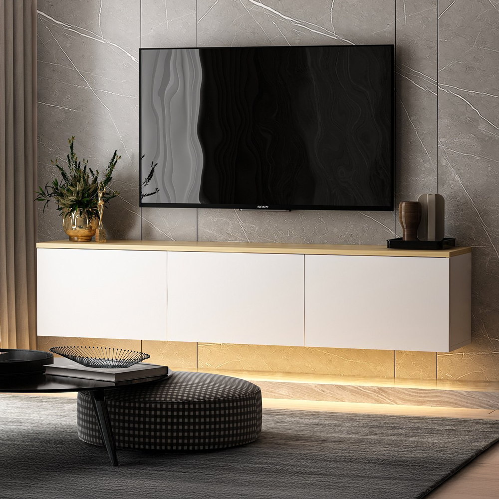 Meuble TV LED suspendu avec placards blanc et plateau bois 160cm - LUMI ...