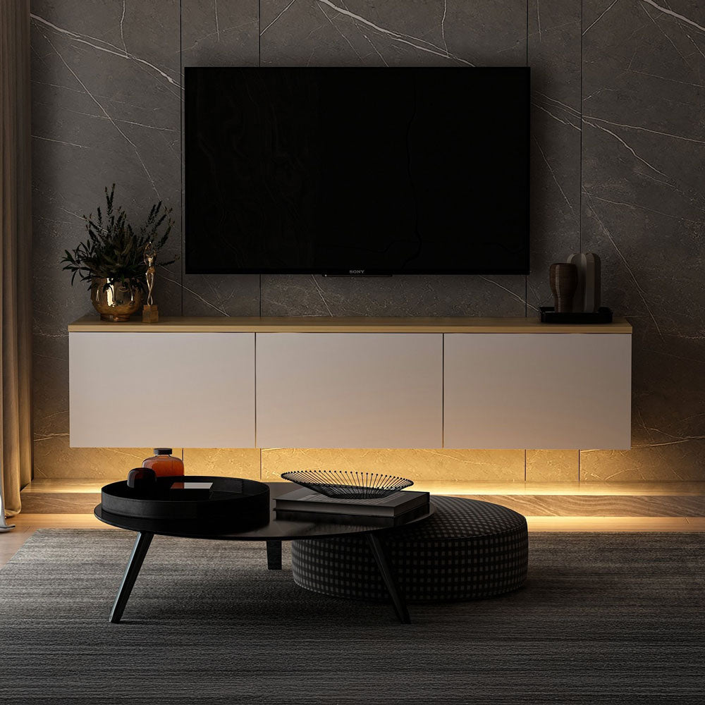 Meuble TV LED suspendu avec placards blanc et plateau bois 160cm - LUMI ...