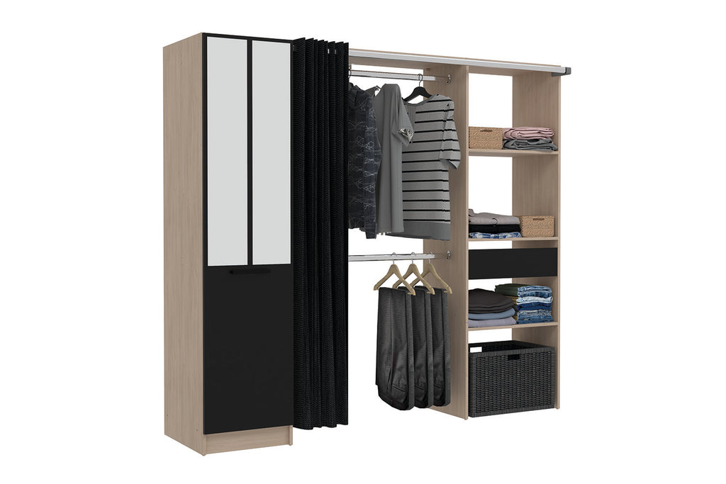Dressing industriel bois avec rideau noir et 2 penderies, 6 étagères et ...